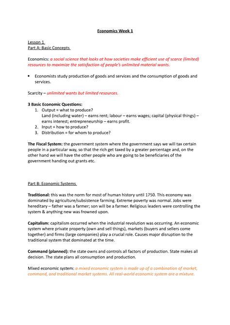 ECOS Unit 1 Lesson 1 Extra Notes Economics Week 1 Lesson 1 Part A Basic Concepts Economics