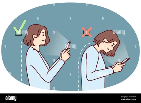 Girl With Mobile Phone Demonstrates Correct And Incorrect Posture While