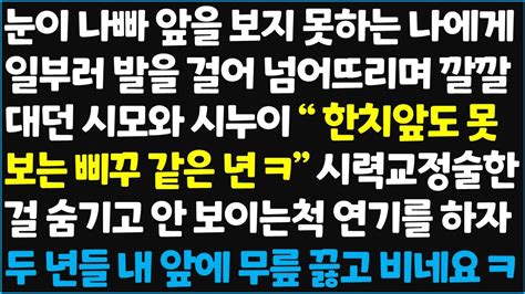 신청사연 눈이 나빠 앞을 못보는 나에게 일부러 발을 걸어 넘어뜨리며 깔깔대던 시모와 시누이 한치앞도 못보는 삐꾸 같은 연 시력교정술~ 신청사연 사이다썰 사연