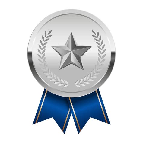 Silver Medal With Blue Ribbons And Small Star For Sport And Games