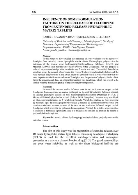 Pdf Influence Of Some Formulation Factors On The Release Of Felodipine From Extended Release