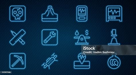 광물 암석 타케오미터 테오돌라이트 지진계 렌치 스패너 교차 통치자와 연필 고고학 오일 머니 및 화산 아이콘이 있는 세트 라인