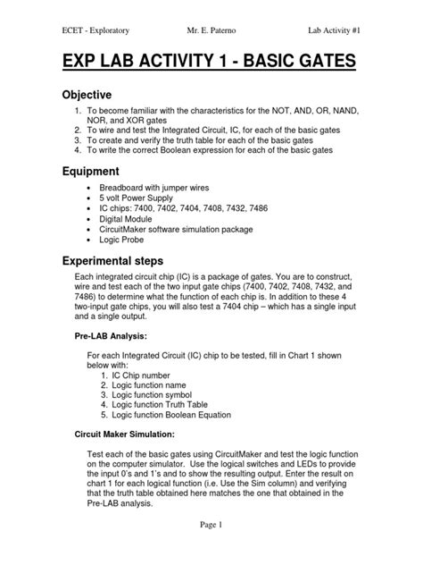 Exp Lab Activity 1 Basic Gates Objective Pdf Logic Gate