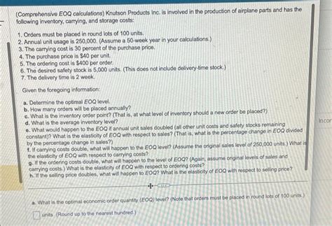 Solved Comprehensive Eoq Calculations Knutson Products Inc