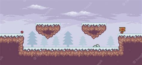 Premium Vector Pixel Art Game Scene In Snow With Floating Platform Board Pine Trees And Clouds