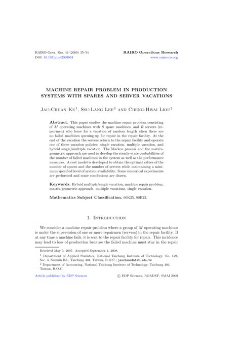 Pdf Machine Repair Problem In Production Systems With Spares And