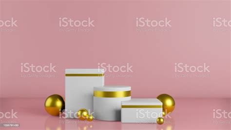 흰색과 황금 모양과 황금 구와 3d 렌더링 추상적 인 플랫폼 현대적인 미니멀 한 디자인의 기하학적 인물 홍보 배너 배경 제품