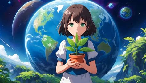 Premium Photo An Anime Girl Holding A Plant In Her Hands With The Earth In The Back