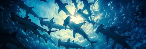 Majestic Hammerhead Sharks in Crystal Clear Waters, Iconic Creatures in Cinematic Low Angle Shot ...