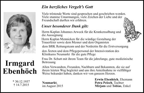 Traueranzeigen Von Irmgard Ebenhöch Trauernnde