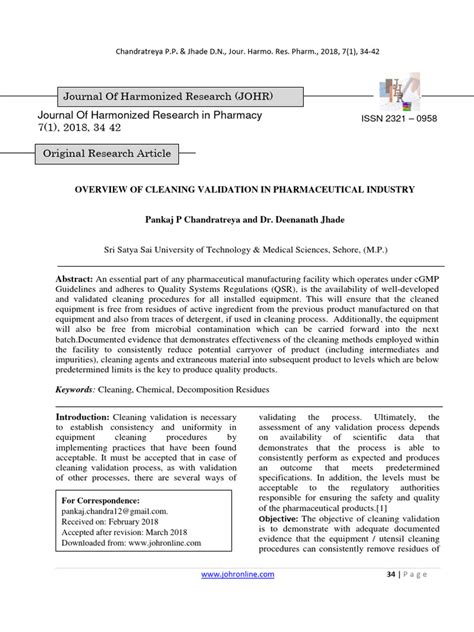 Overview Of Cleaning Validation In Pharmaceutical Industry Download