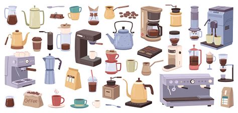 커피 격리 아이콘을 양조하고 준비하기위한 장비 및 기계 격리 된 Cezve와 콩 뜨거운 음료가 담긴 컵과 가루 커피로