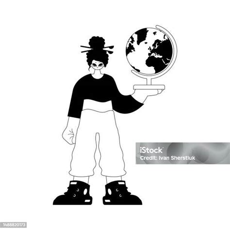 지구와 함께 활기찬 여자 학습 과목 절망적이고 하얀 선의 장인 정신 트렌디한 스타일 벡터 일러스트레이션 Health에 대한 스톡