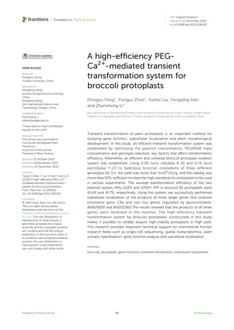 Pdf A High Efficiency Peg Ca 2 Mediated Transient Transformation System For Broccoli