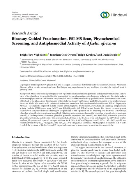 Pdf Bioassay Guided Fractionation Esi Ms Scan Phytochemical
