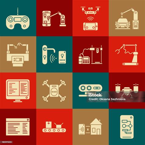 설정 알고리즘 산업용 기계 로봇 로봇 팔 손 공장 원격 공중 드론 잠금 해제를 위한 디지털 도어록 무선 기술 조립 라인 제어 및 3d 프린터 아이콘 벡터 3차원 형태에 대한