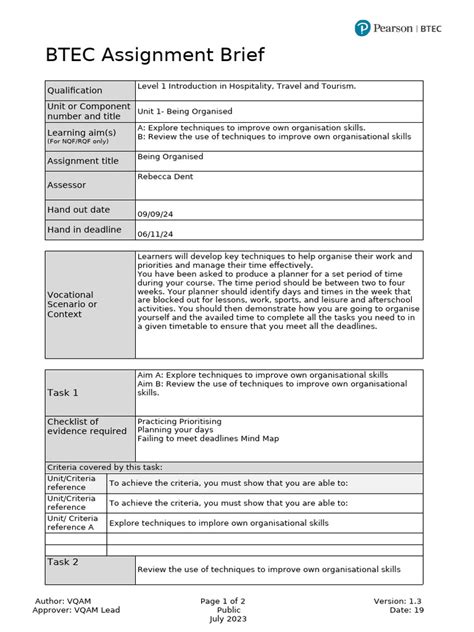 Btec Assignment Brief Unit 1 Being Organised 2025 Pdf Behavior Modification Cognition