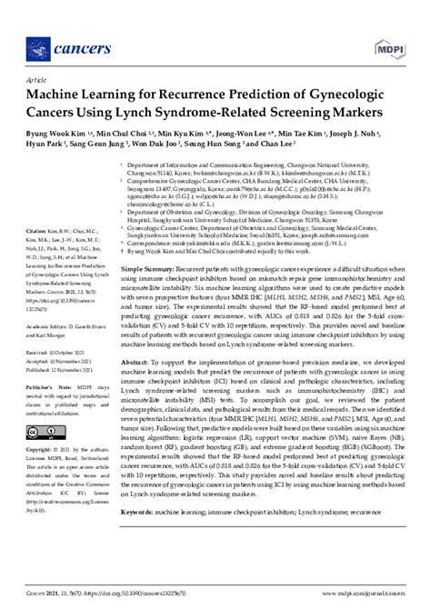 Pdf Machine Learning For Recurrence Prediction Of Gynecologic Cancers Using Lynch Syndrome