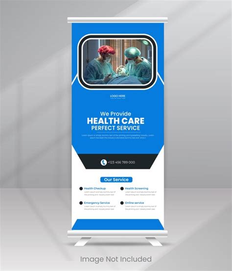 현대 롤업 배너 디스플레이 Standee Dl 전단지 또는 랙 카드 포스트 및 의료 안내 책자 배너 프리미엄 벡터