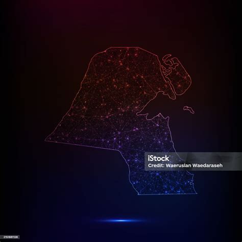 쿠웨이트지도 개요 별과 선 멀티 색상 추상 프레임 워크 어두운 배경에 미래 지향적인 낮은 다각형 와이어 프레임 선 및 점 디자인 0명에 대한 스톡 벡터 아트 및 기타 이미지