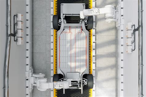 자동차 공장에서 자동차를 조립하는 로봇 팔의 높은 각도 보기 디지털 트윈에 대한 스톡 사진 및 기타 이미지 디지털 트윈 하이 앵글 차대 Istock
