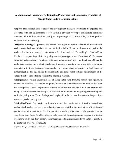 Pdf A Mathematical Framework For Estimating Prototyping Cost