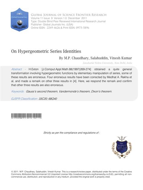 Pdf On Hypergeometric Series Identities