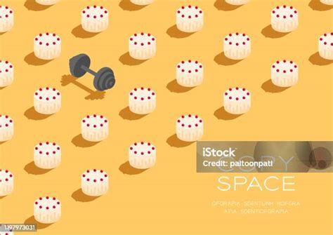 아령 3d 등각계 패턴 베이커리 건강한 다이어트 또는 공간 벡터 크림 배경에 고립 된 체중 개념 포스터 및 사회 배너 수평 포스트 디자인 일러스트를 잃는 케이크 건강한