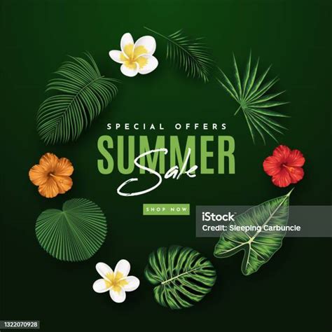 열대 잎 배경 여름 판매 배너 벡터 일러스트레이션 3차원 형태에 대한 스톡 벡터 아트 및 기타 이미지 3차원 형태 개념 계절 Istock
