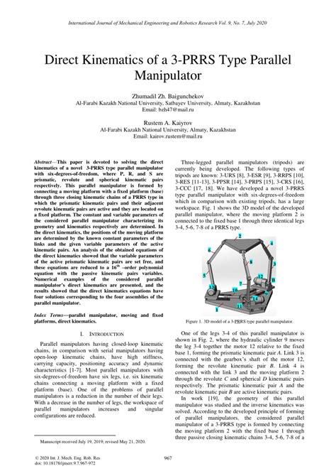 Pdf Direct Kinematics Of A 3 Prrs Type Parallel Manipulator