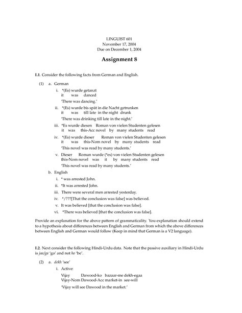 homework 8 introduction to transformational grammar fall 2004 linguist 601 docsity
