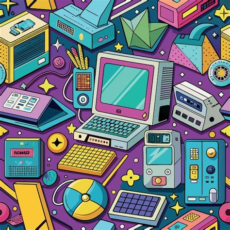 old computer aestethic 1980s 1990s seamless pattern with retro pc