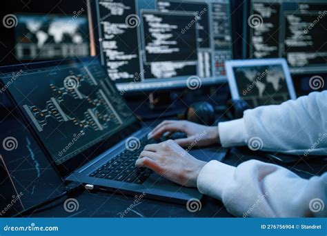 Side Close Up View Of Female Hacker Hands Typing On Keyboard Stock Photo Image Of View