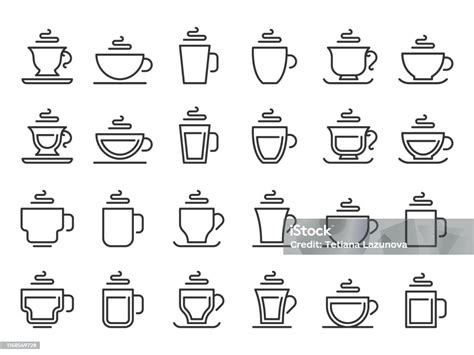 뜨거운 음료 컵 윤곽 아이콘입니다 커피 컵 라인 픽토그램 코코아 차 찻잔 벡터 아이콘 세트 외형선에 대한 스톡 벡터 아트 및