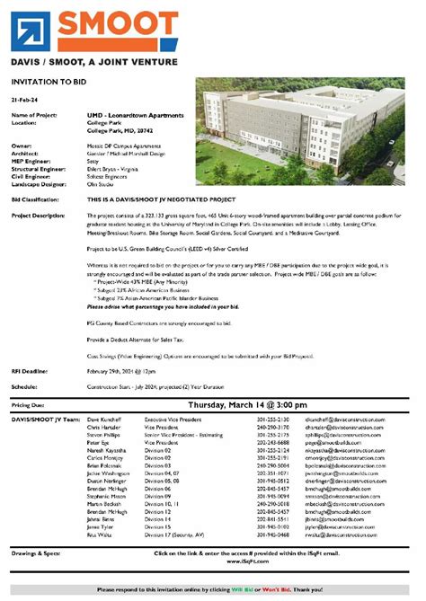 Davis Smoot A Joint Venture Is Soliciting Bids For Umd Leonardtown Apartments Construction