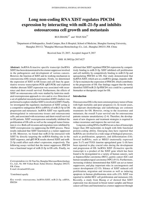Pdf Long Non Coding Rna Xist Regulates Pdcd4 Expression By