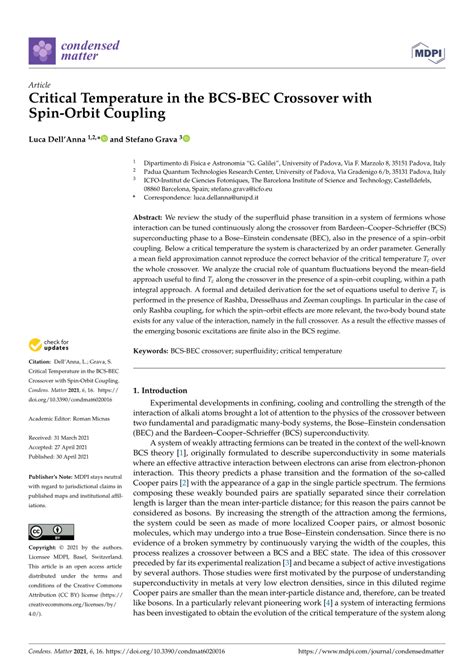 Pdf Critical Temperature In The Bcs Bec Crossover With Spin Orbit