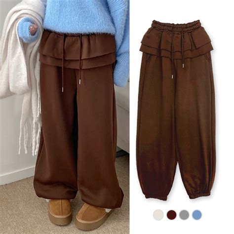 아이딜릭마켓 🐻💭양기모레이어드룩 힙무드 기모팬츠 겨울팬츠 허리밴딩 레이스 프릴 롱 와이드 조거팬츠4col 비어스팬츠