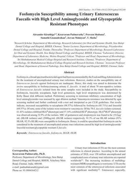 Pdf Fosfomycin Susceptibility Among Urinary Enterococcus Faecalis With High Level