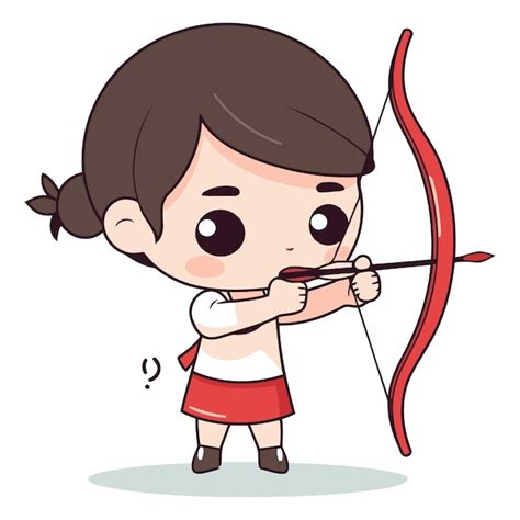 활과 화살을 치는 귀여운 어린 소녀 터 만화 일러스트레이션 프리미엄 벡터