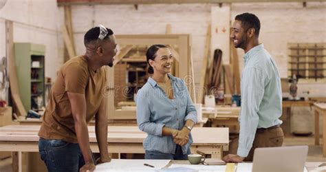 Carpentry Laughing And Talking With Team In Factory For Manufacturing