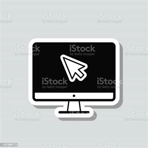 포인터가 있는 데스크톱 컴퓨터 회색 배경에 아이콘 스티커 3차원 형태에 대한 스톡 벡터 아트 및 기타 이미지 3차원 형태