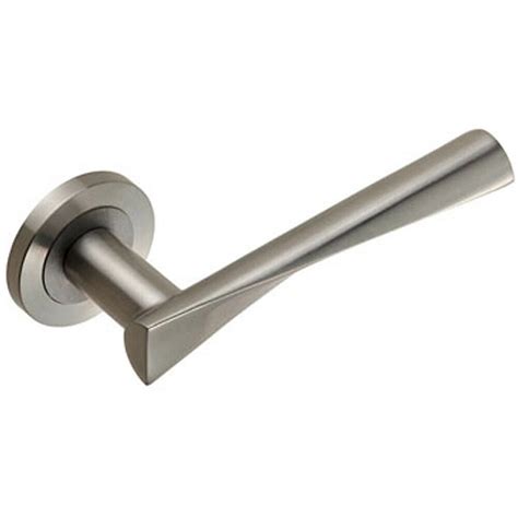 Pair Angular Twisted Lever On Round Rose Concealed Fix Satin Stainless