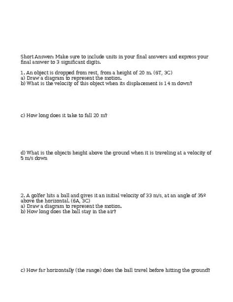 Projectiles Quiz Kinematic Equations Quiz Grade 11 Physics Quiz With Answers 12