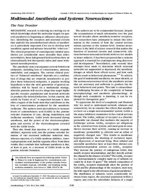 Pdf Multimodal Anesthesia And Systems Neuroscience Beverley Orser