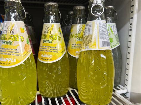 Basil Seed Drinks With Mango And Pineapple Flavors Displayed In A Store