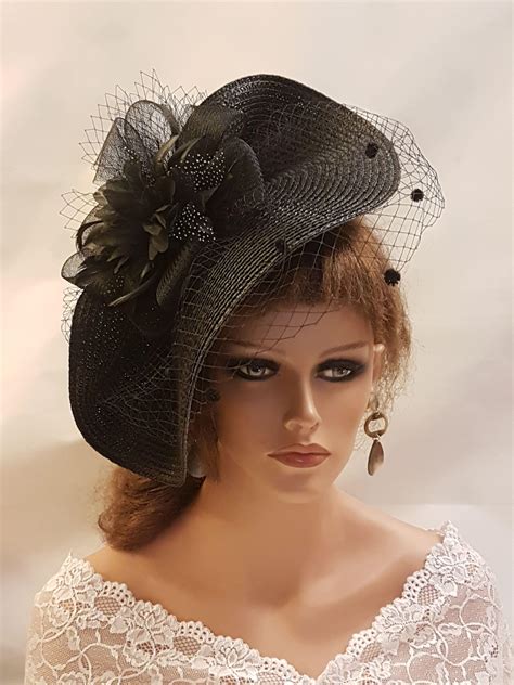 Large Black Hat Fascinator With Birdcage Veil For Wedding Ceremonies