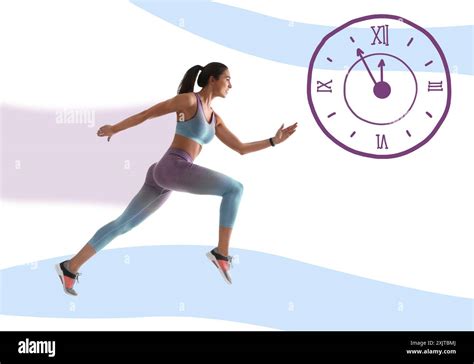 Athletic Woman Running And Illustration Of Clock On Color Background Time Concept Stock Photo