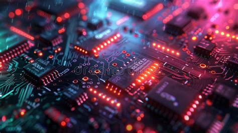 Close Up Of Electronic Circuit Board With Glowing Lights Generative Ai Stock Illustration