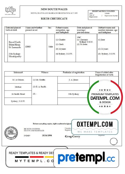 Australian New South Welsh Birth Certificate Example In Word Format Version Pretempl